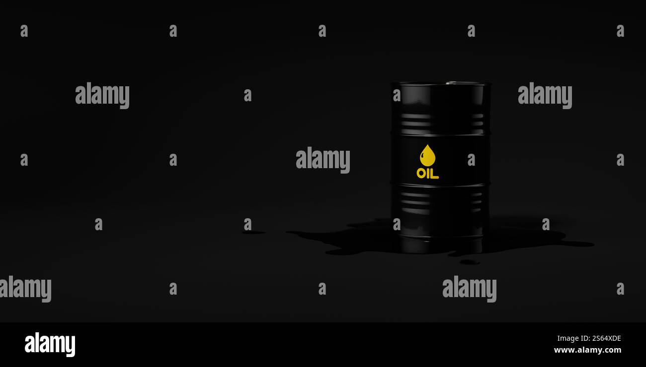 Single black metal oil barrel stand on spilled puddle of crude oil on ...