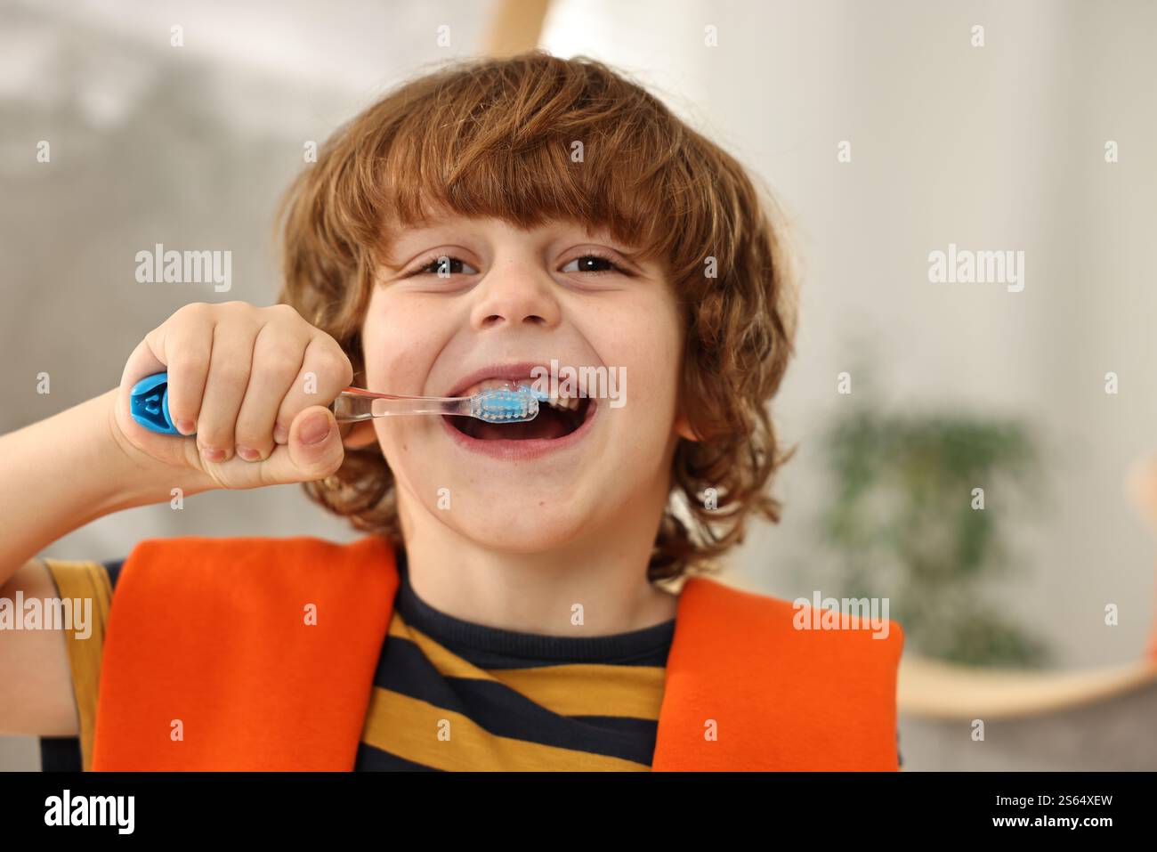 Cute boy brushing his teeth at home Stock Photo - Alamy