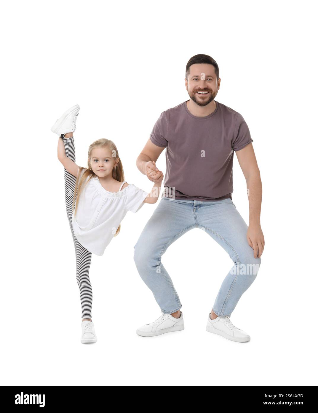 Happy father and his cute little daughter having fun on white background Stock Photo - Alamy