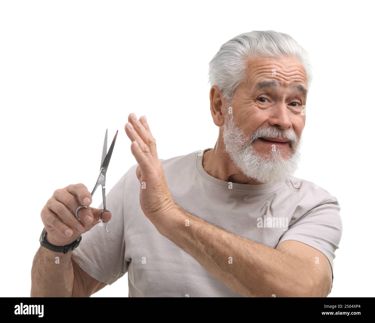 Bearded senior man with scissors making stop gesture on white ...
