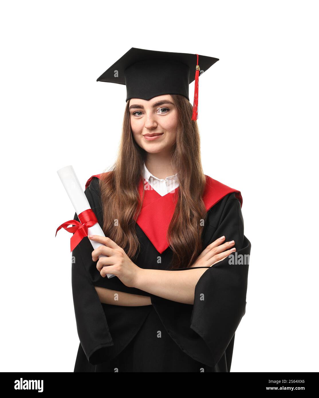 Happy student with diploma after graduation on white background Stock ...