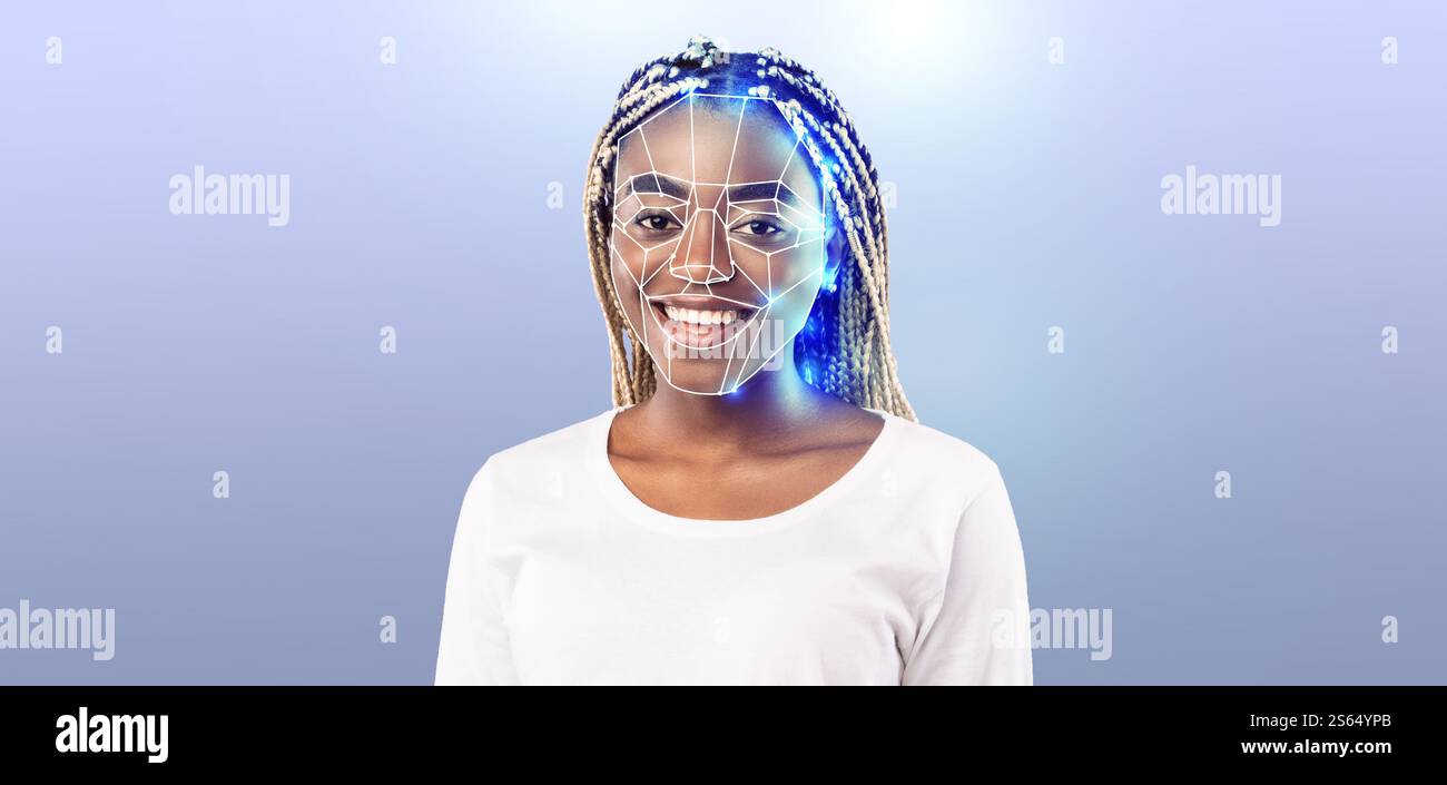 Face recognition tech highlights a smiling person with digital overlays ...