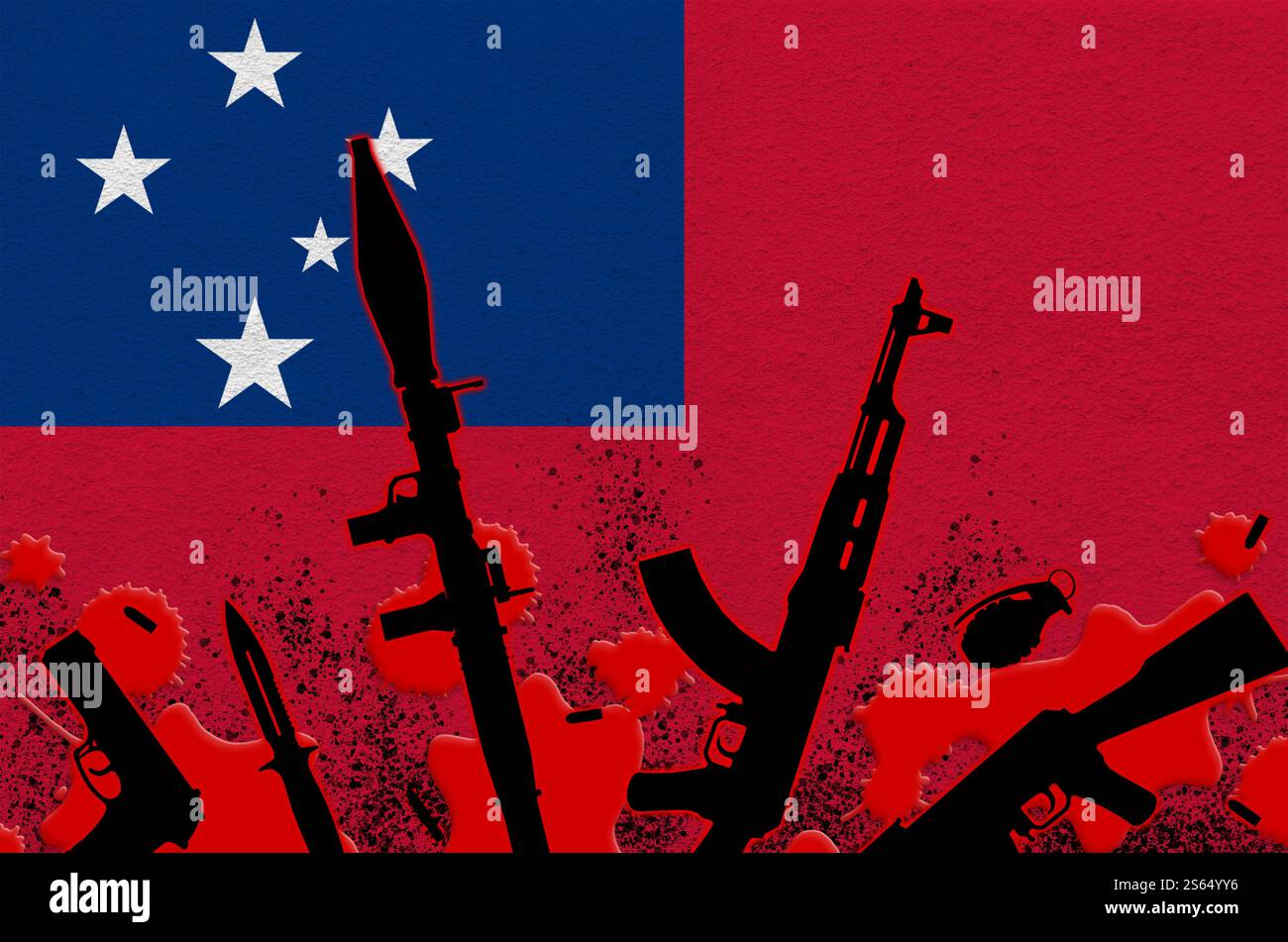 Samoa flag and various weapons in red blood. Concept for terror attack ...