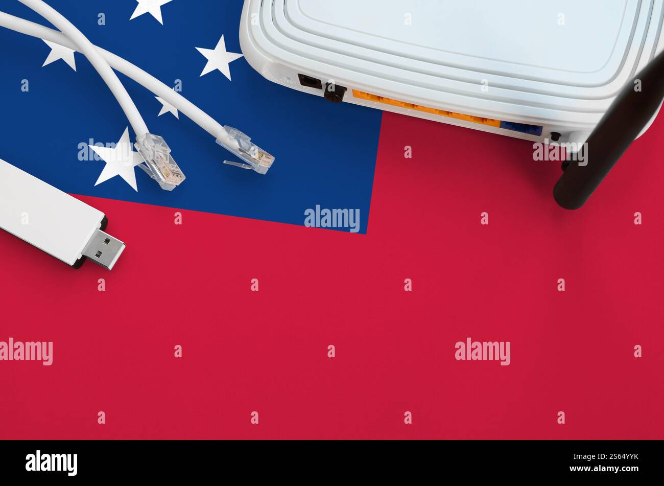 Samoa flag depicted on table with internet rj45 cable, wireless usb wi ...