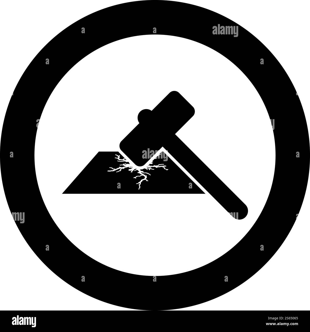 Sledge hammer breaks hard surface with formation of strong cracks icon in circle round black ...