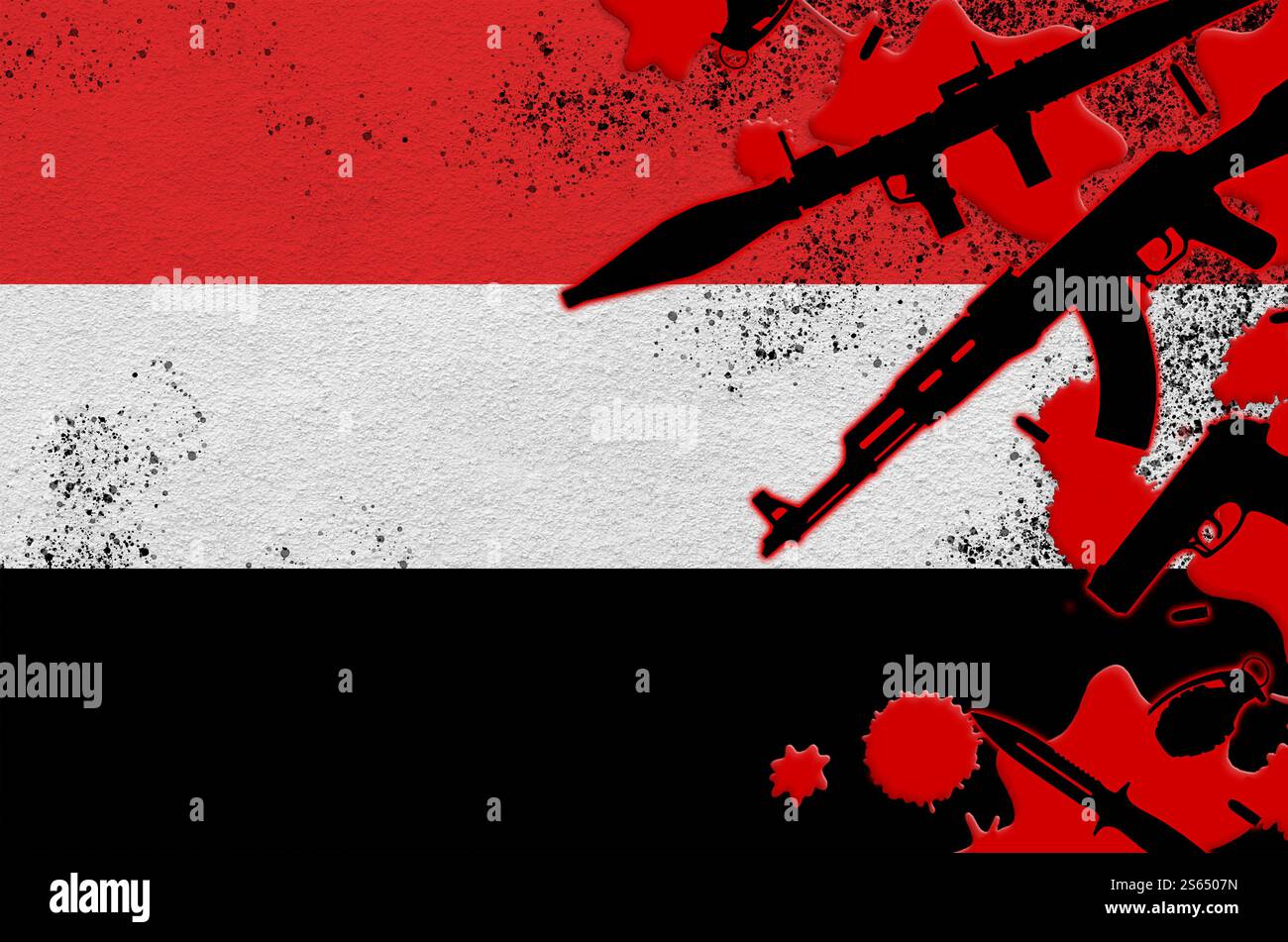 Yemen flag and various weapons in red blood. Concept for terror attack ...