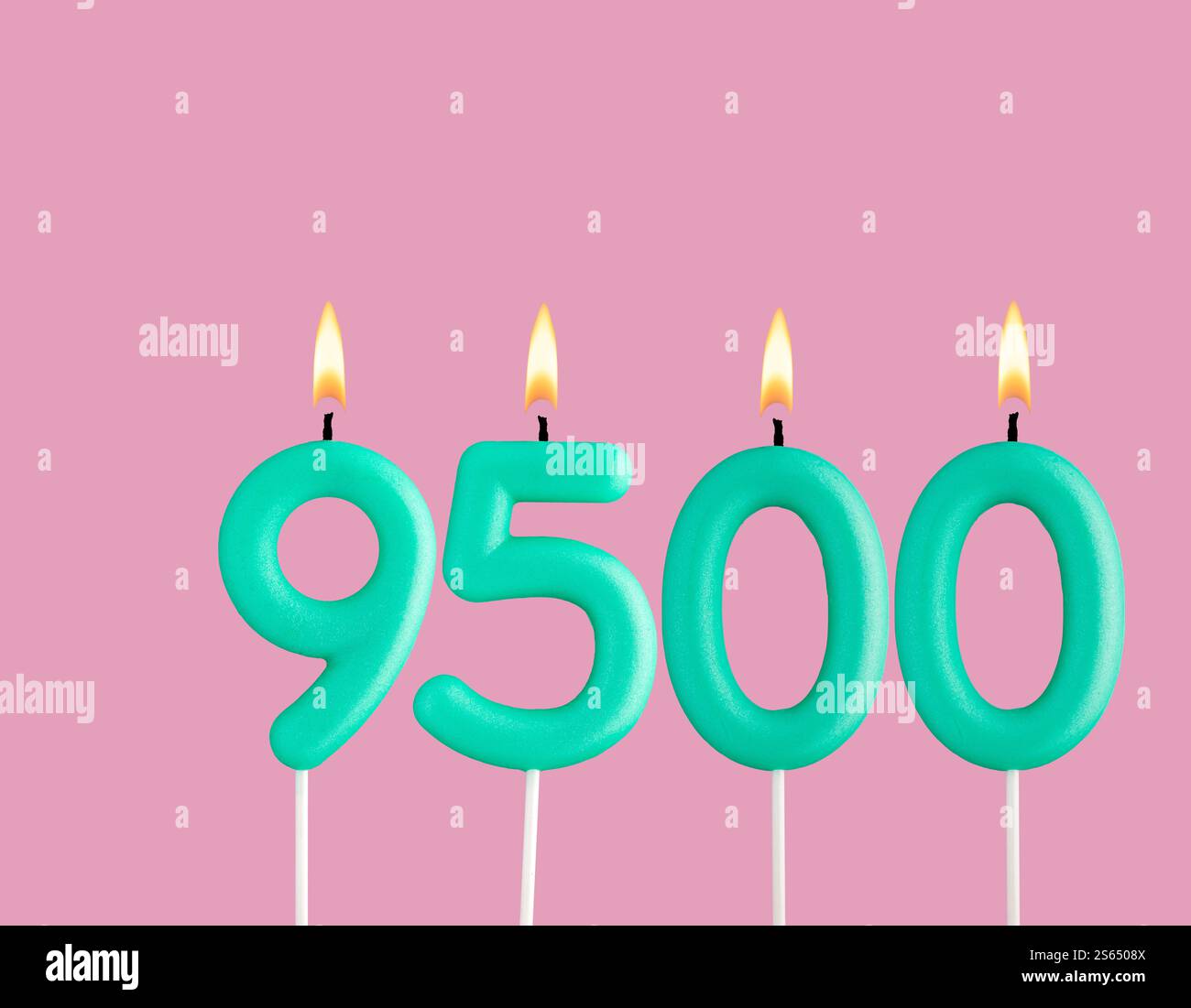 Green candle number 9500 - Birthday card on pastel pink background ...