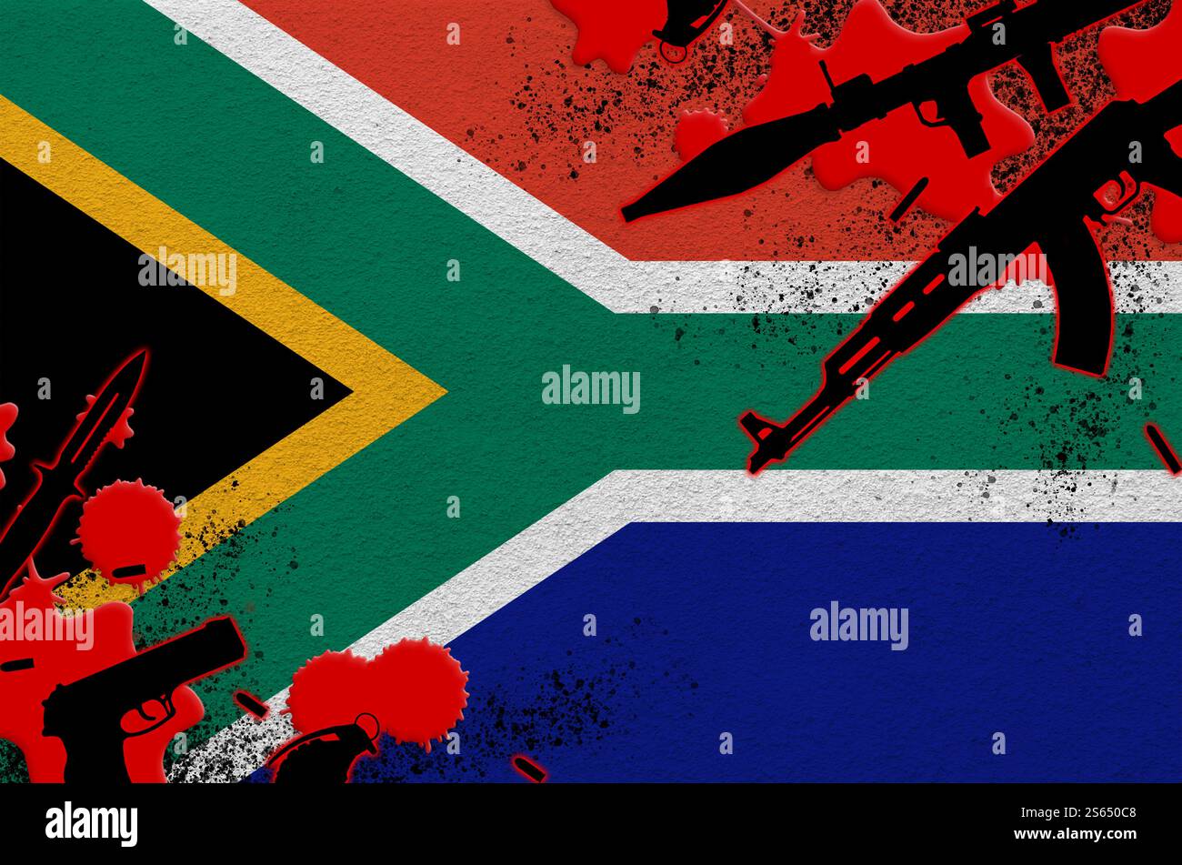 South Africa flag and various weapons in red blood. Concept for terror ...