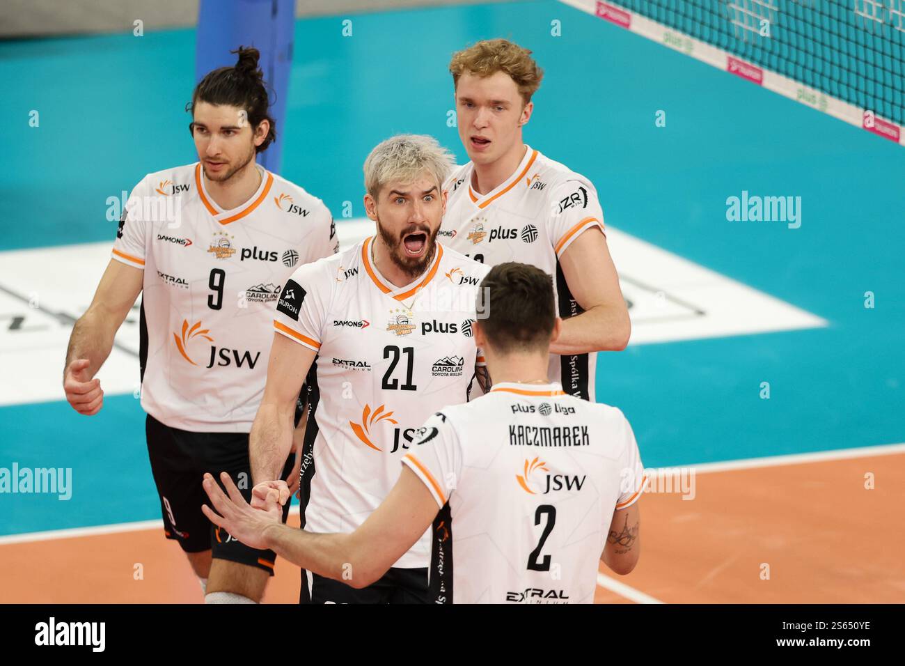 Jastrzebie Zdroj, Poland. 12th Jan, 2025. Players of Jastrzebski Wegiel celebrate after winning ...