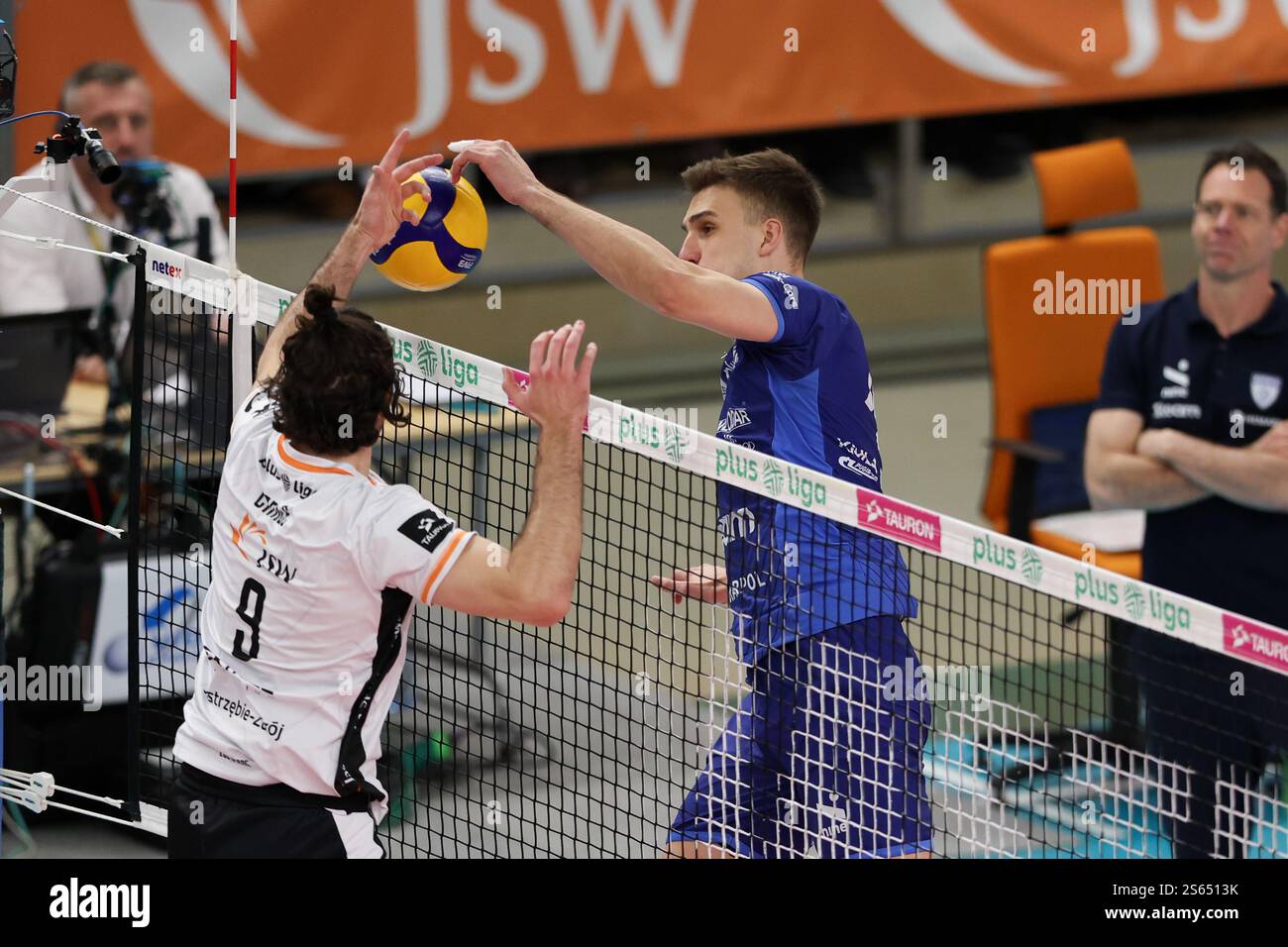 Jastrzebie Zdroj, Poland. 12th Jan, 2025. Timothee Carle of Jastrzebski Wegiel (L) and Patrick ...