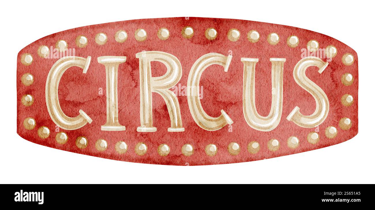 Circus in red and gold tones created in watercolor. Signage for ...