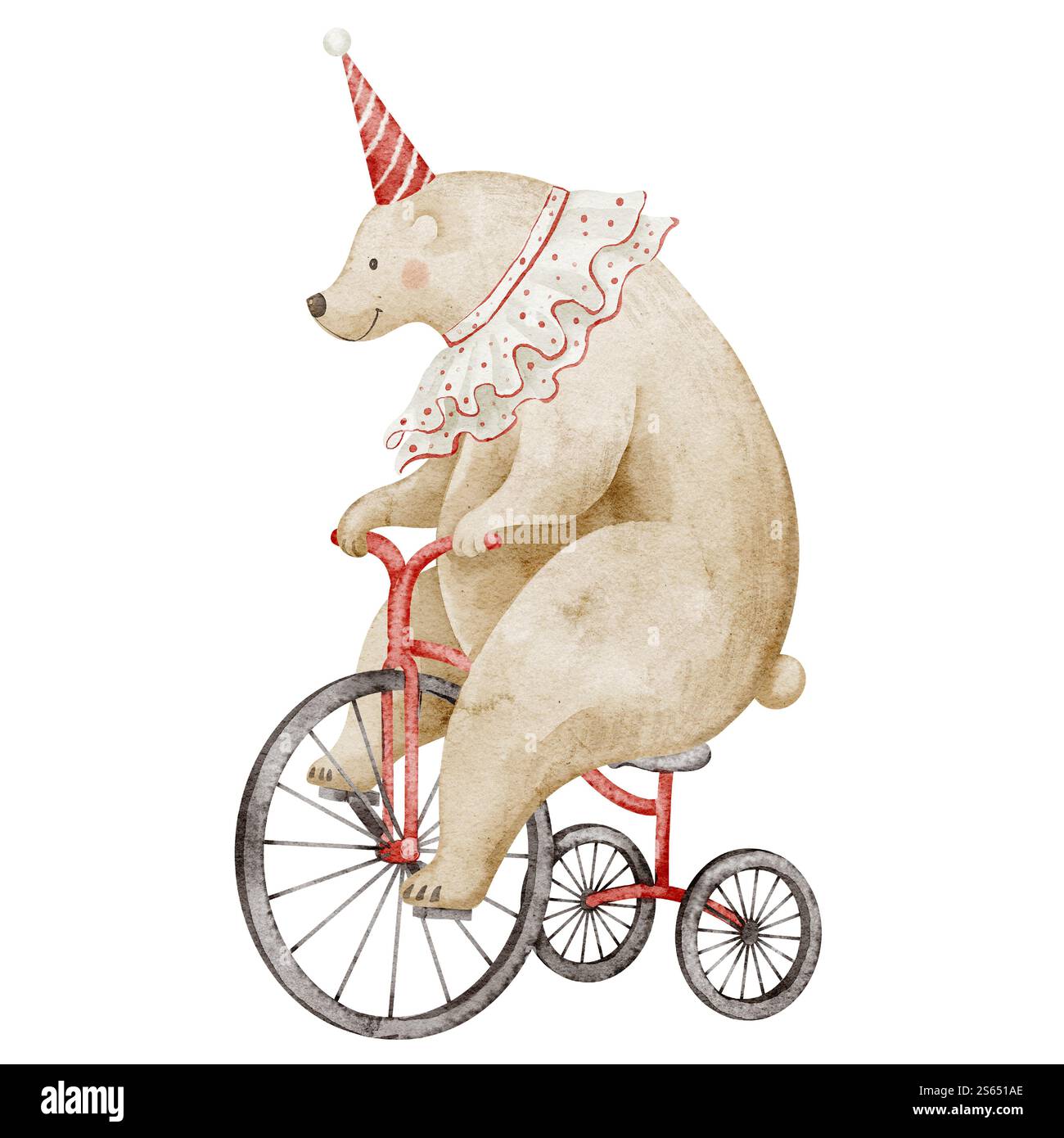 Watercolor illustration of a Circus bear wearing a festive hat and ...