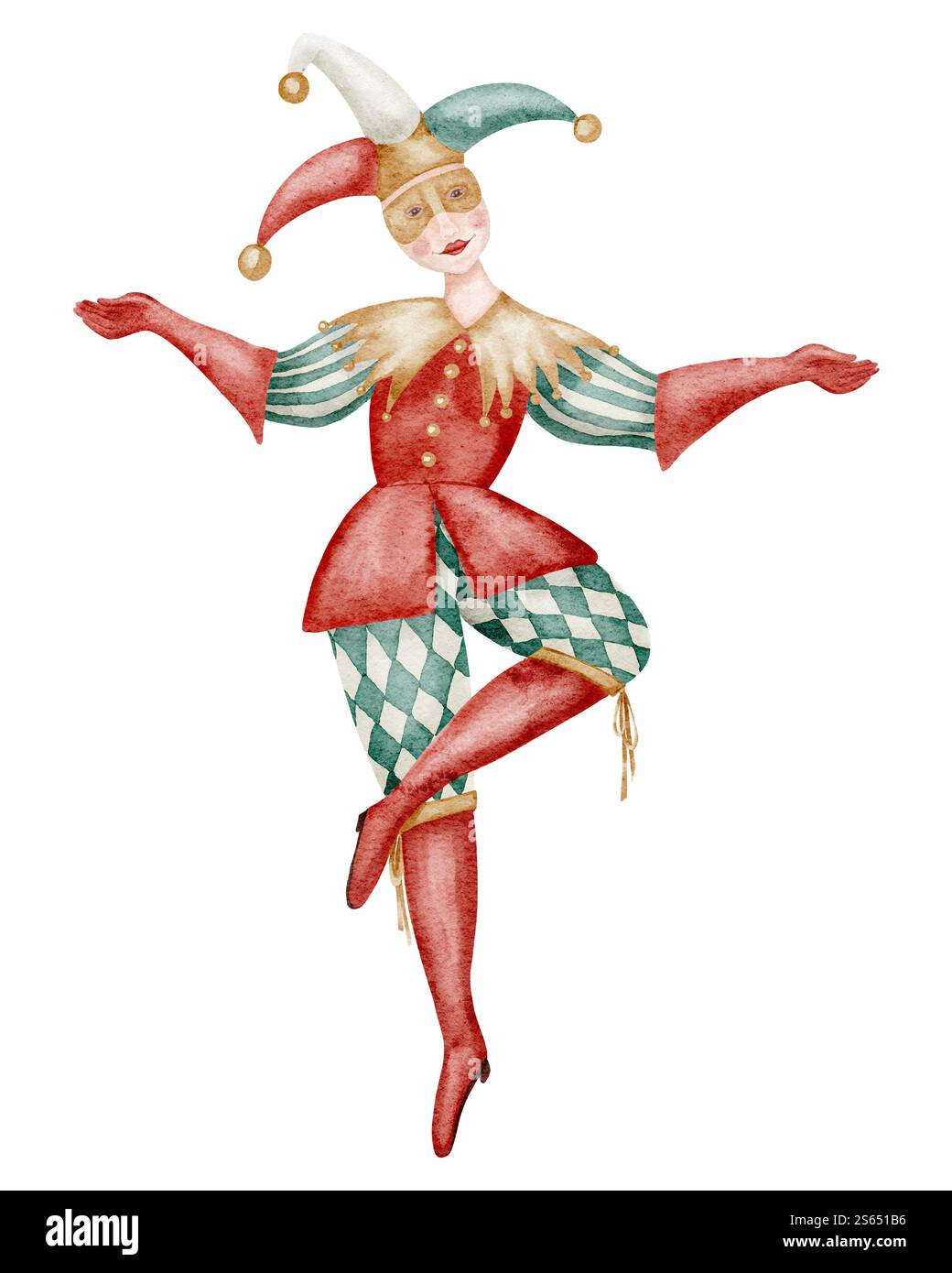 Watercolor illustration of Clown in a bright costume with a Jester hat ...