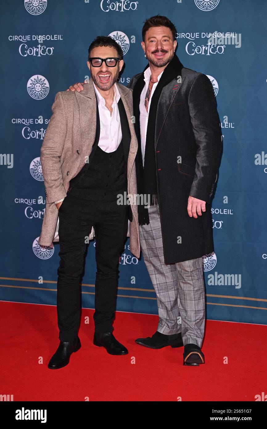 London, UK. January 15th, 2025. Duncan James and Antony Costa arriving at the premiere of Cirque ...