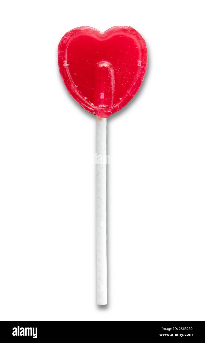 Shiny red heart shaped lollipop isolated on white background. Red heart ...