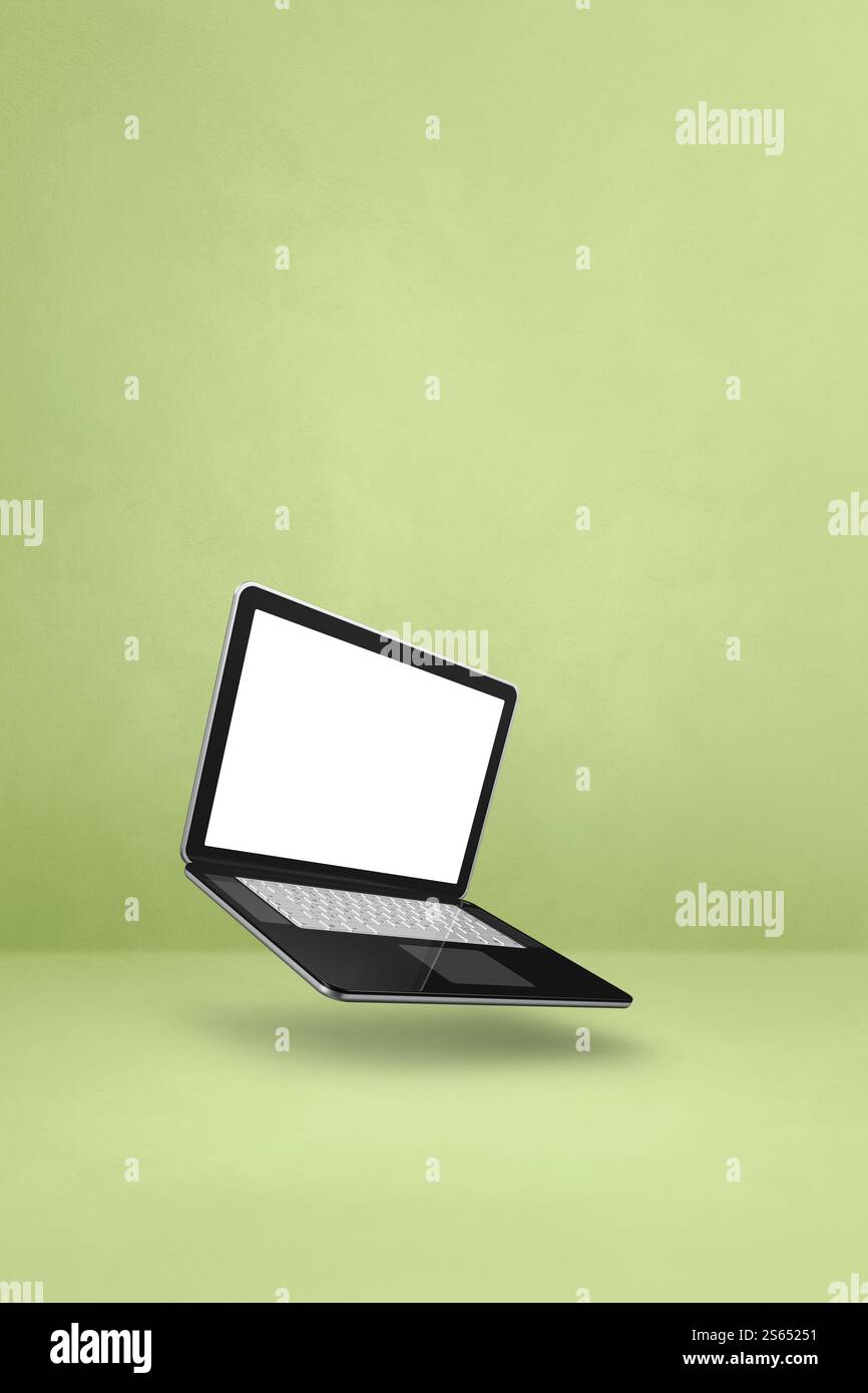 Blank computer laptop floating over a green background. 3D isolated ...