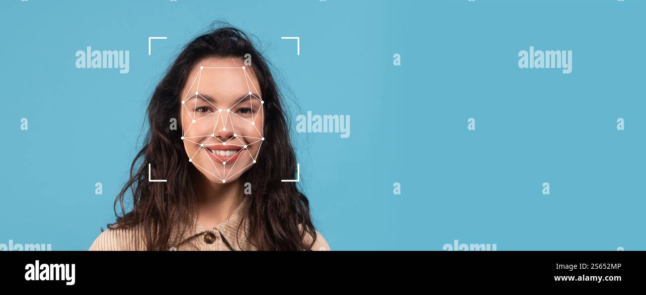 Facial recognition technology demonstrating identification with happy ...