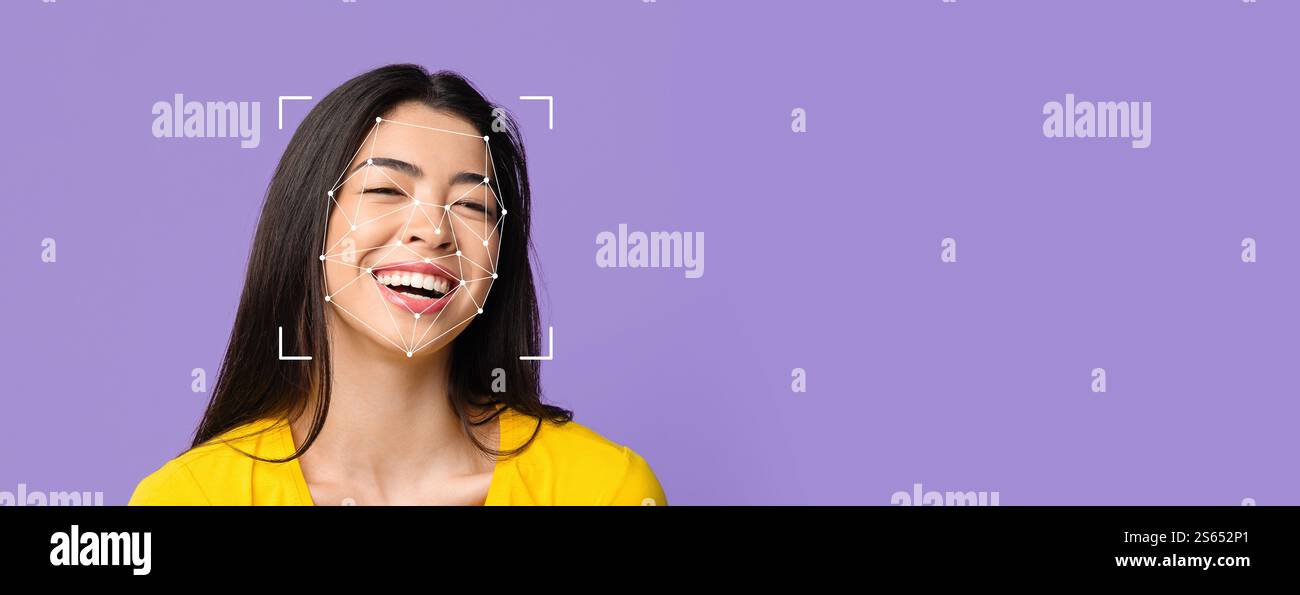 Facial recognition technology used to identify happy individual with a ...