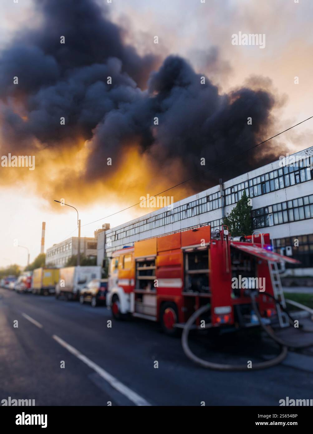 Massive large blaze fire in the city, blazing warehouse factory ...