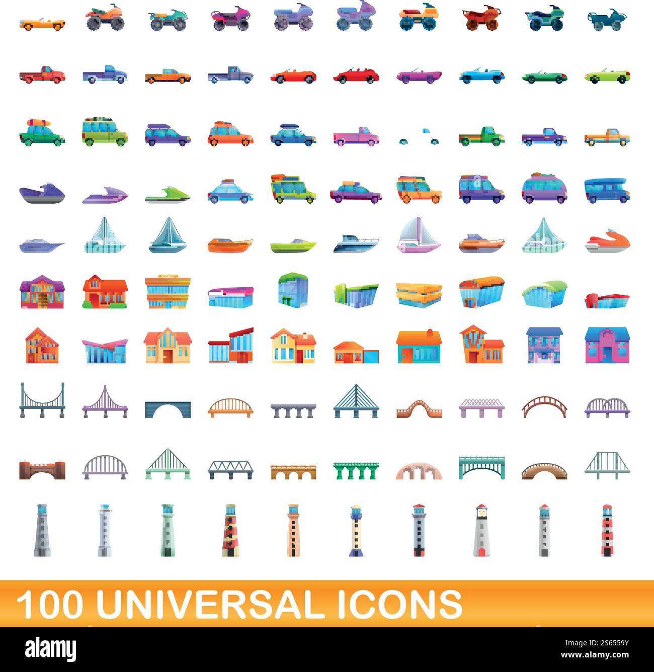 100 universal icons set. Cartoon illustration of 100 universal icons ...