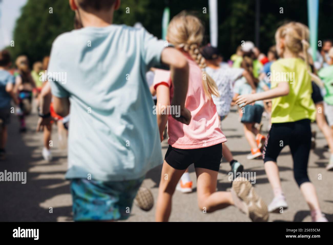 Children marathon runners crowd, young teen sportsmen participants ...