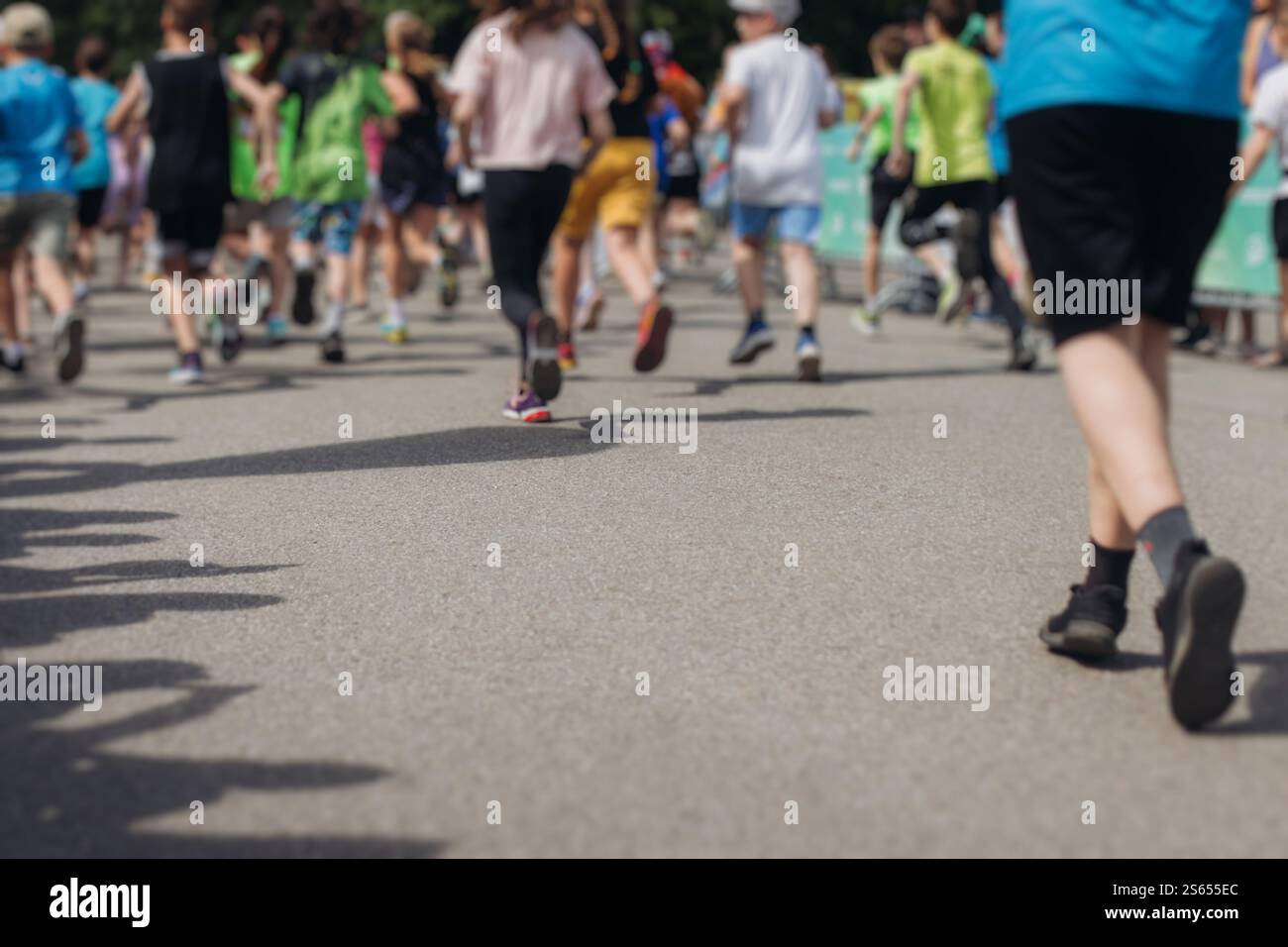 Children marathon runners crowd, young teen sportsmen participants ...