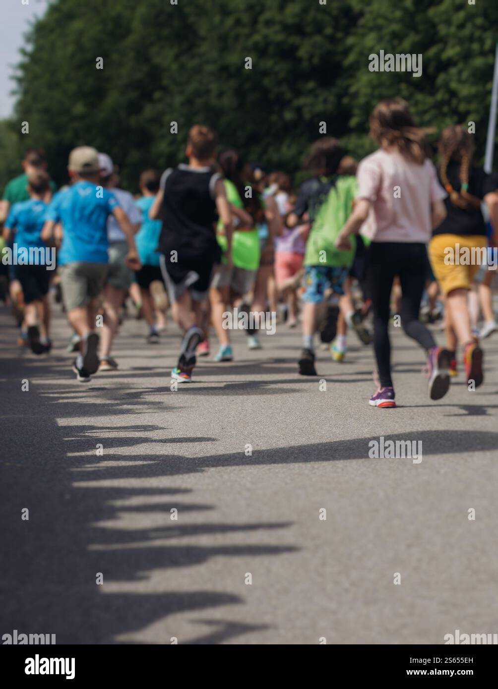 Children marathon runners crowd, young teen sportsmen participants ...