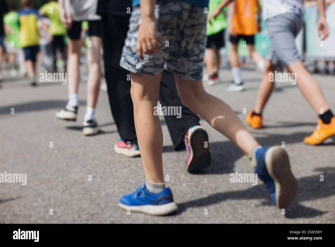 Children marathon runners crowd, young teen sportsmen participants ...