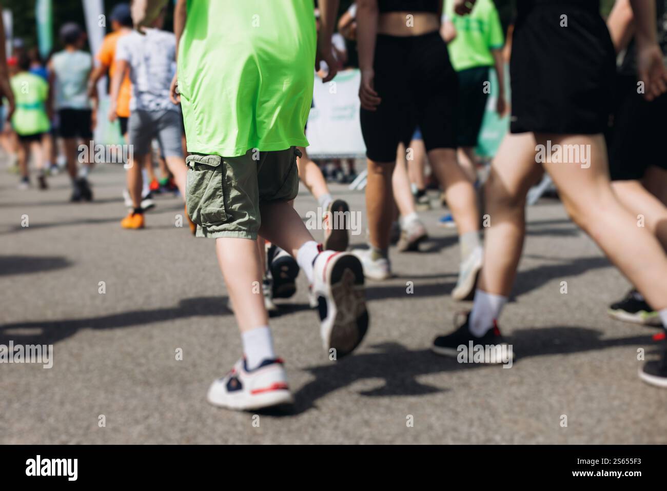 Children marathon runners crowd, young teen sportsmen participants ...