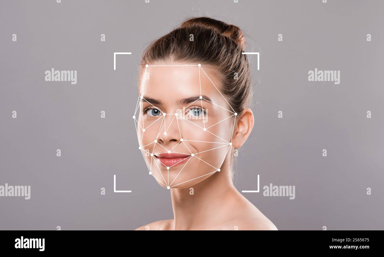 Facial recognition technology highlighting facial features for ...