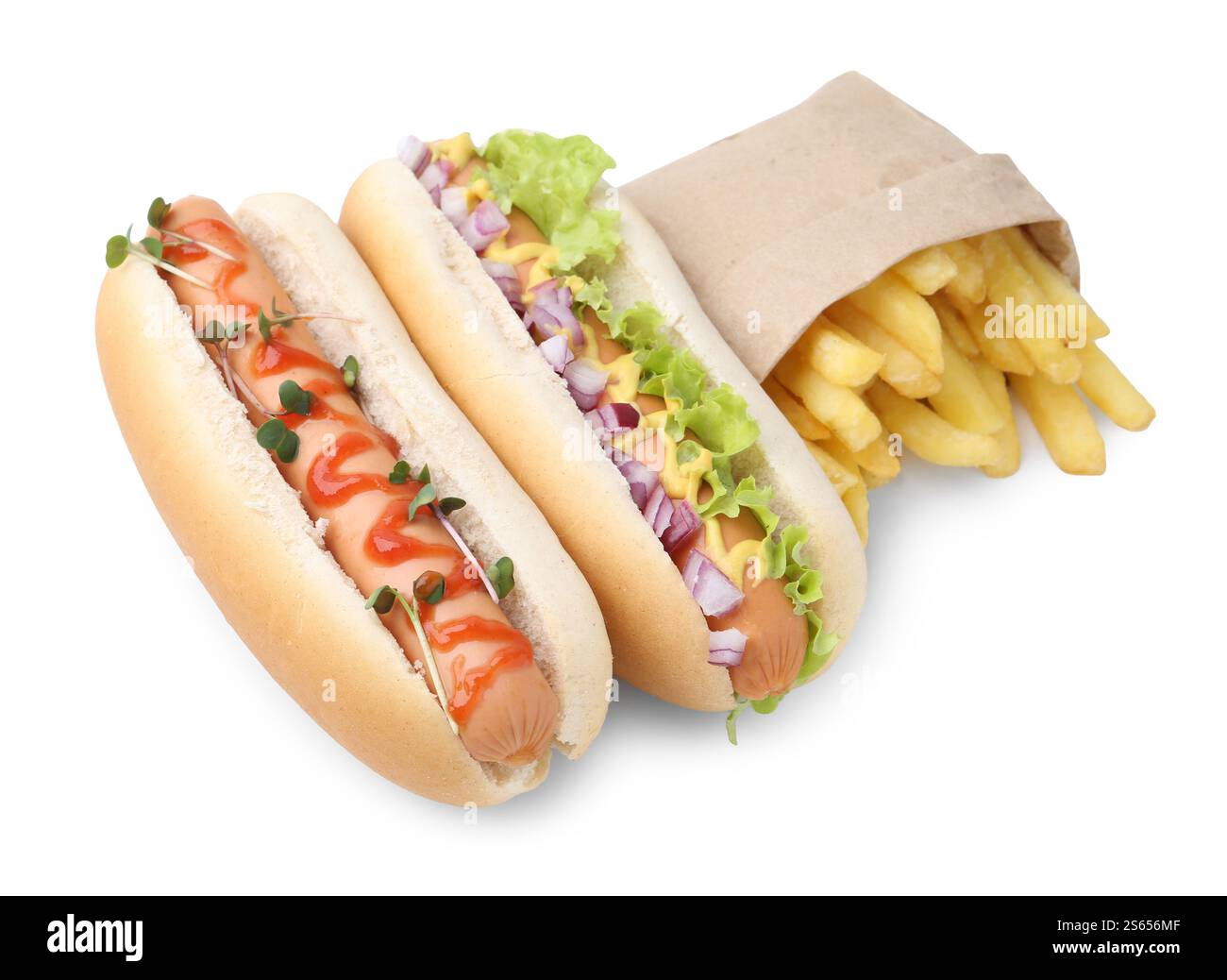 Tasty hot dogs with fries isolated on white Stock Photo - Alamy