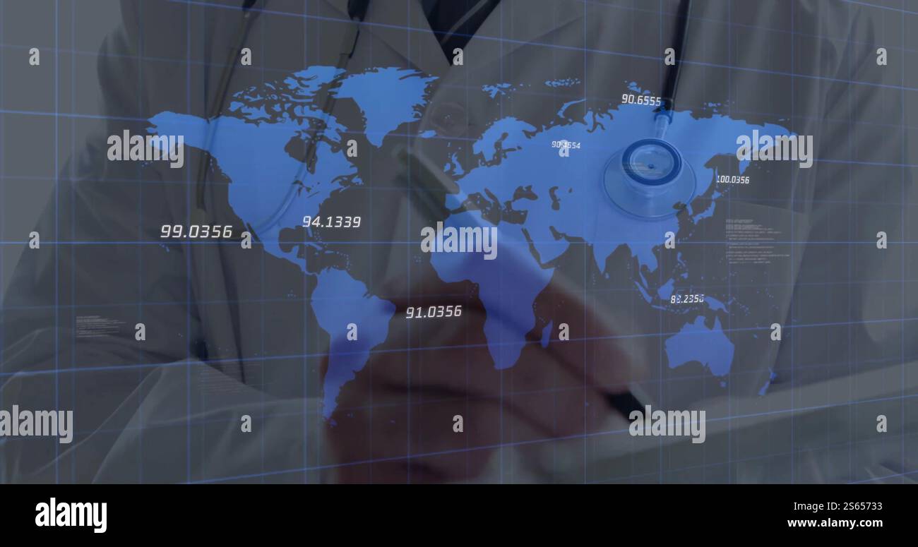 Image of data processing and world map over caucasian male doctor ...