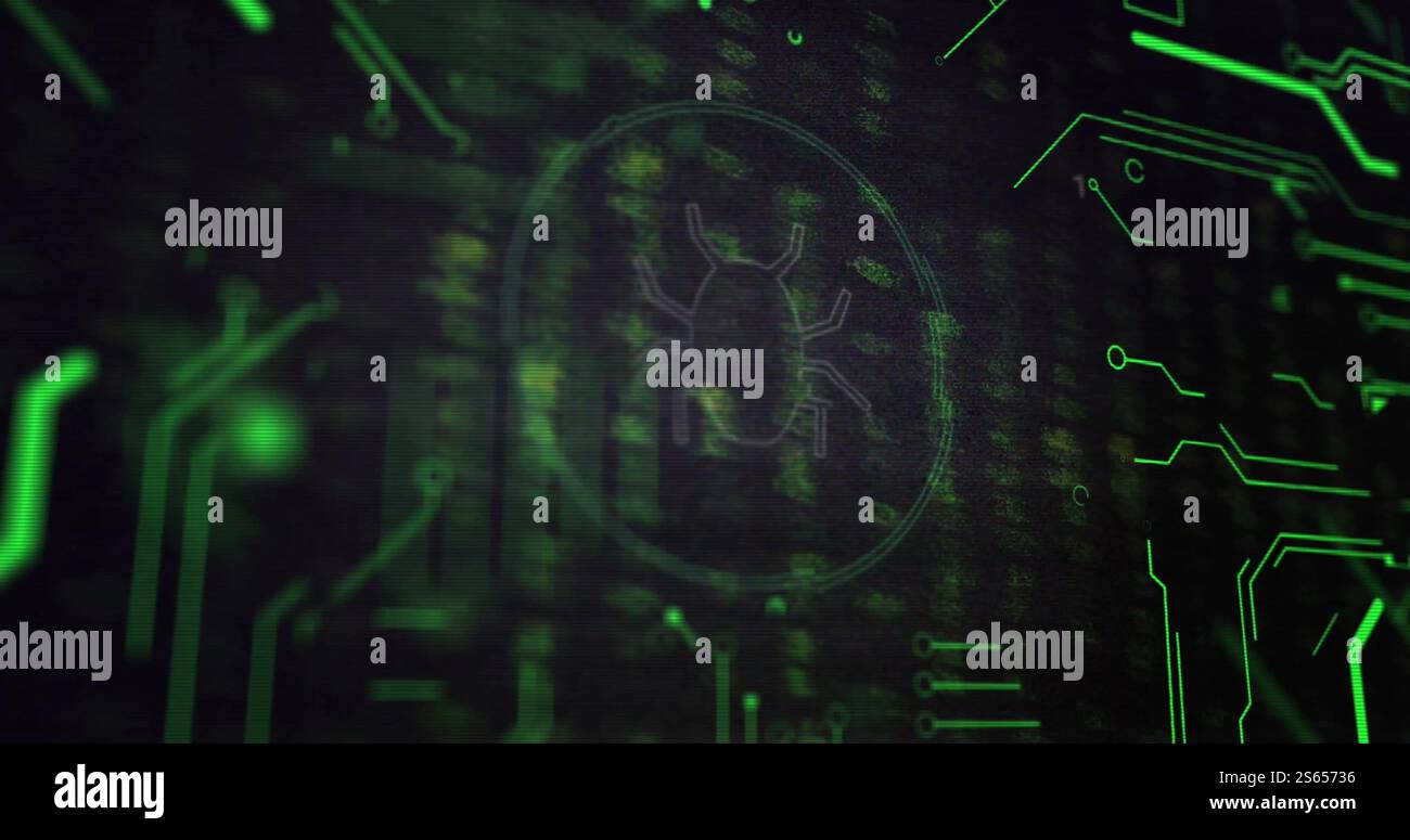 Image of data processing and bug icon on black background Stock Photo ...