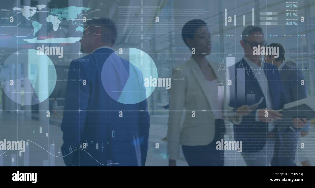 Image of data processing and diagrams over diverse business people ...