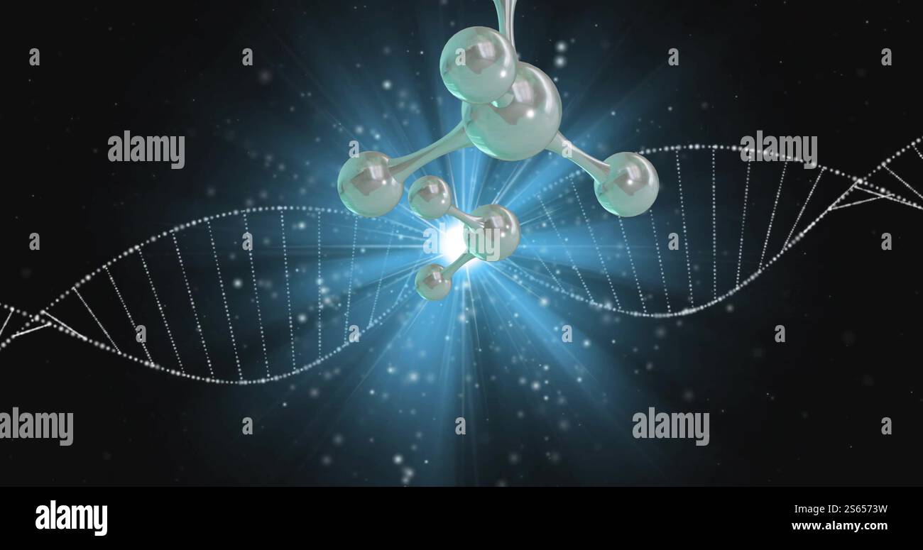 Image of floating molecules over dna strand Stock Photo - Alamy