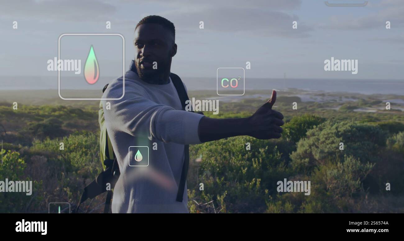 Hiking in nature, man interacting with environmental data image Stock ...