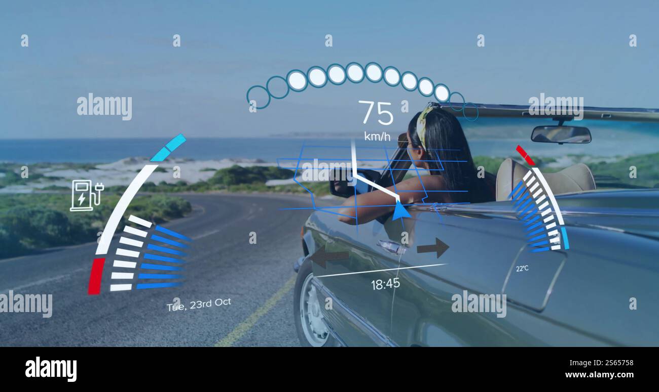 Driving convertible car along coastal road, speedometer and data image ...