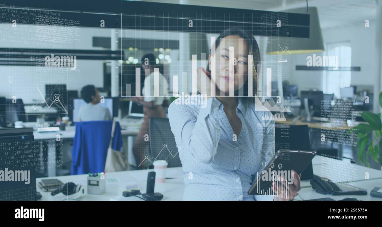 Analyzing data on tablet, businesswoman with graphs and charts image ...