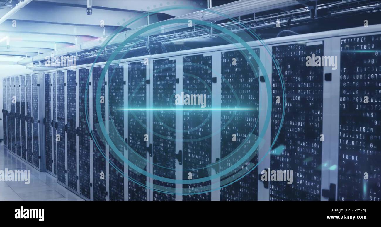 Image of cyber security text and biometric scanner processing eye over server room Stock Photo ...