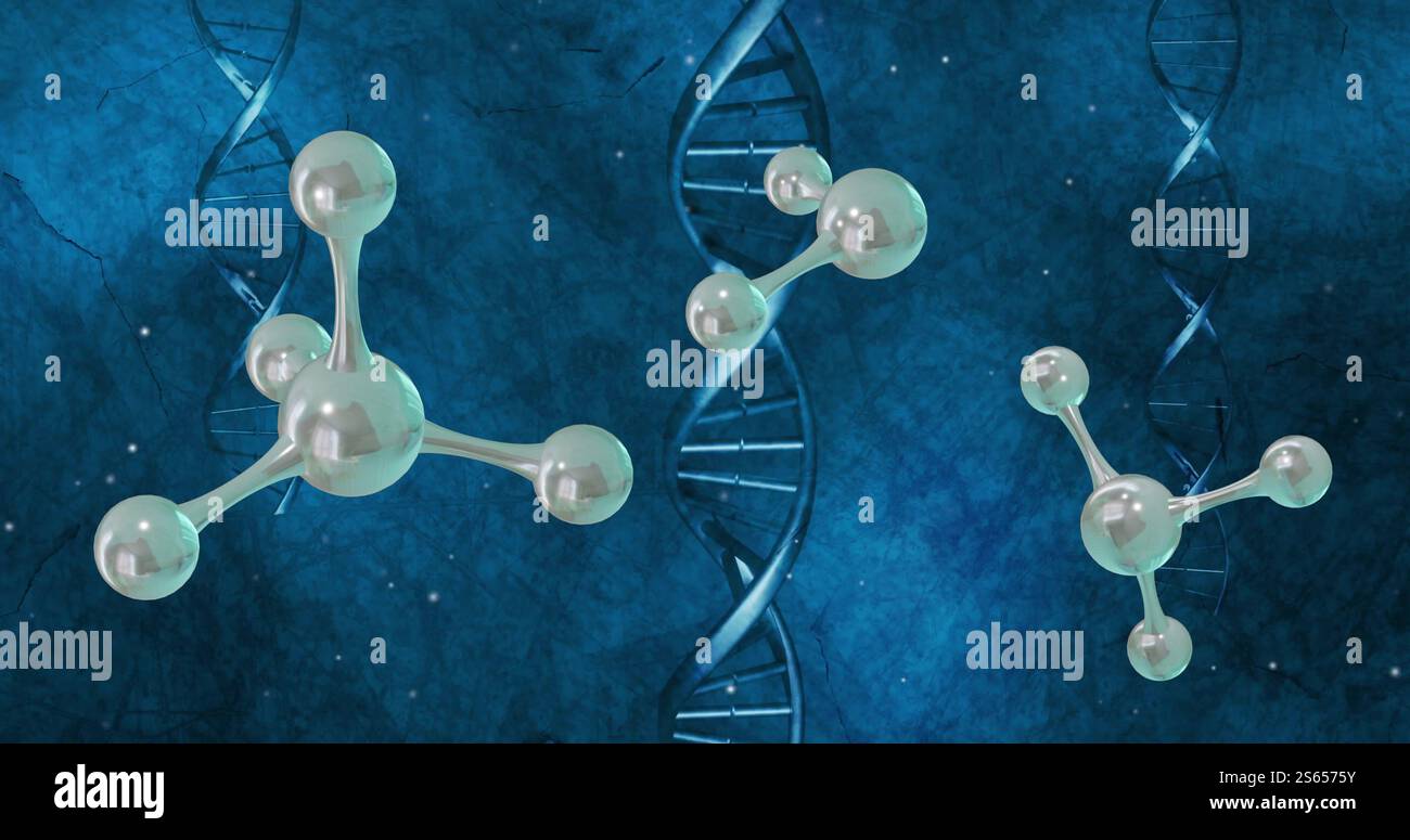 Image of floating molecules over dna strands Stock Photo - Alamy