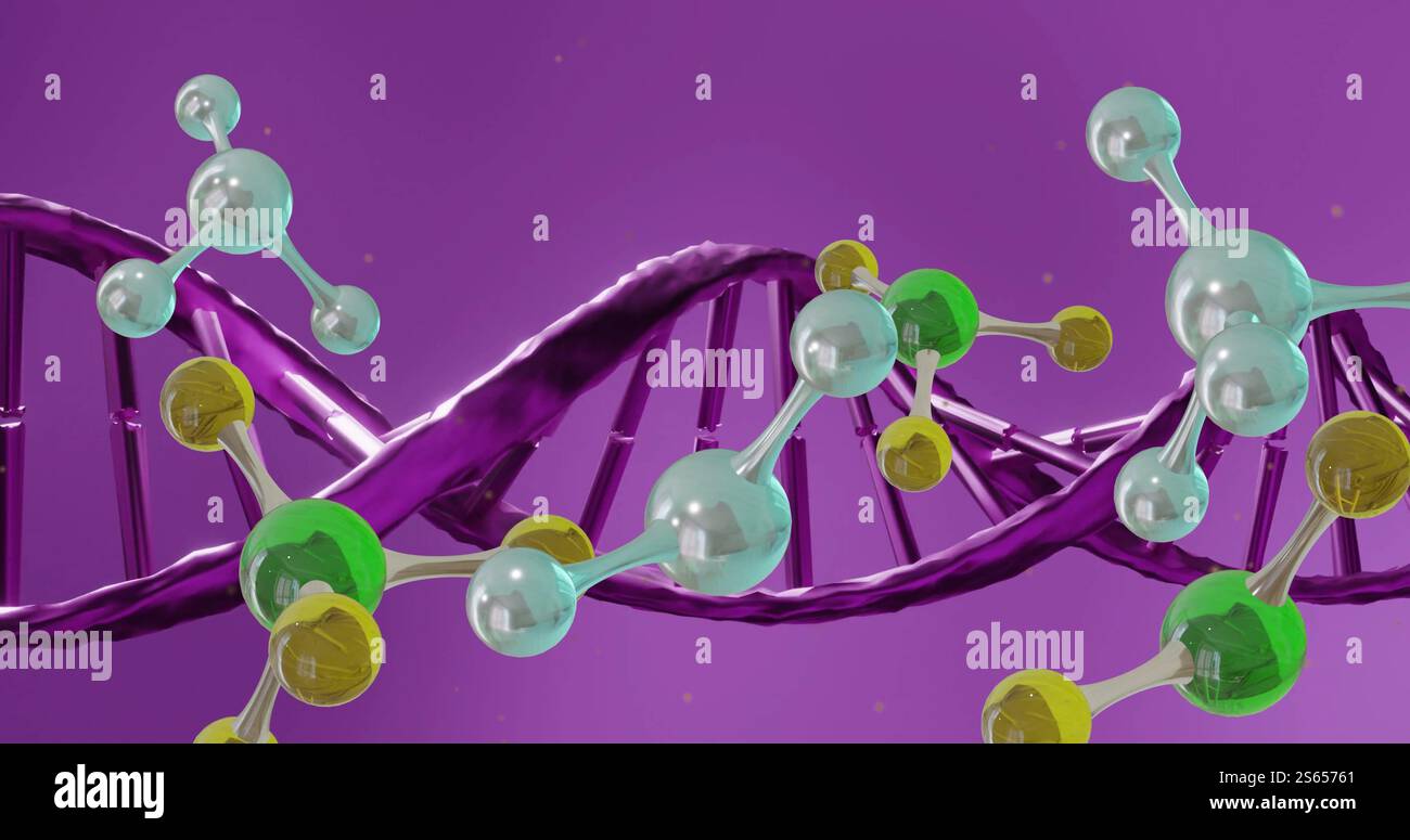 Image of floating molecules over dna strand Stock Photo - Alamy