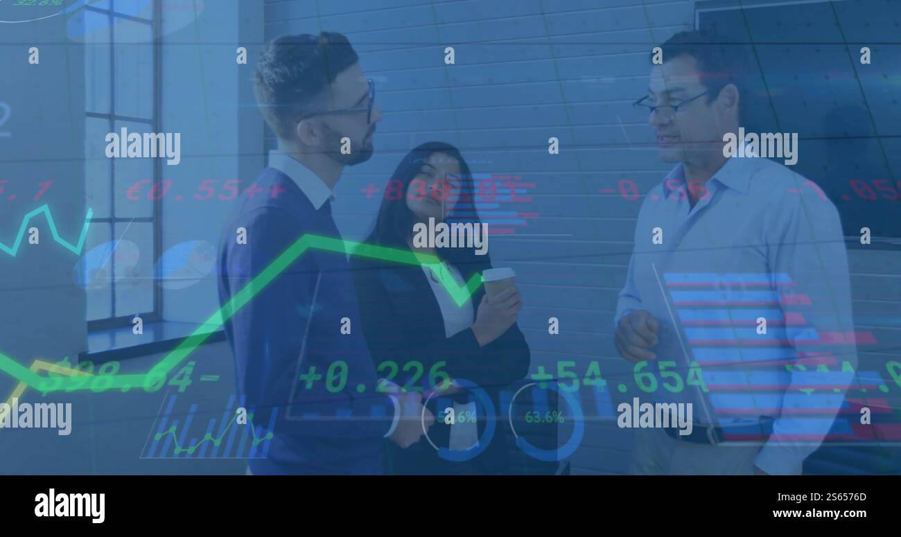 Image of charts processing data over diverse colleagues talking at ...