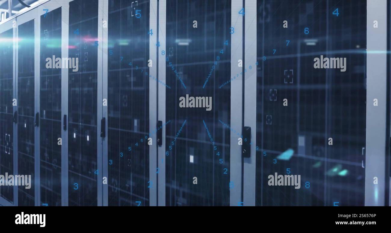 Image of flashing lights and data processing over server room Stock Photo - Alamy