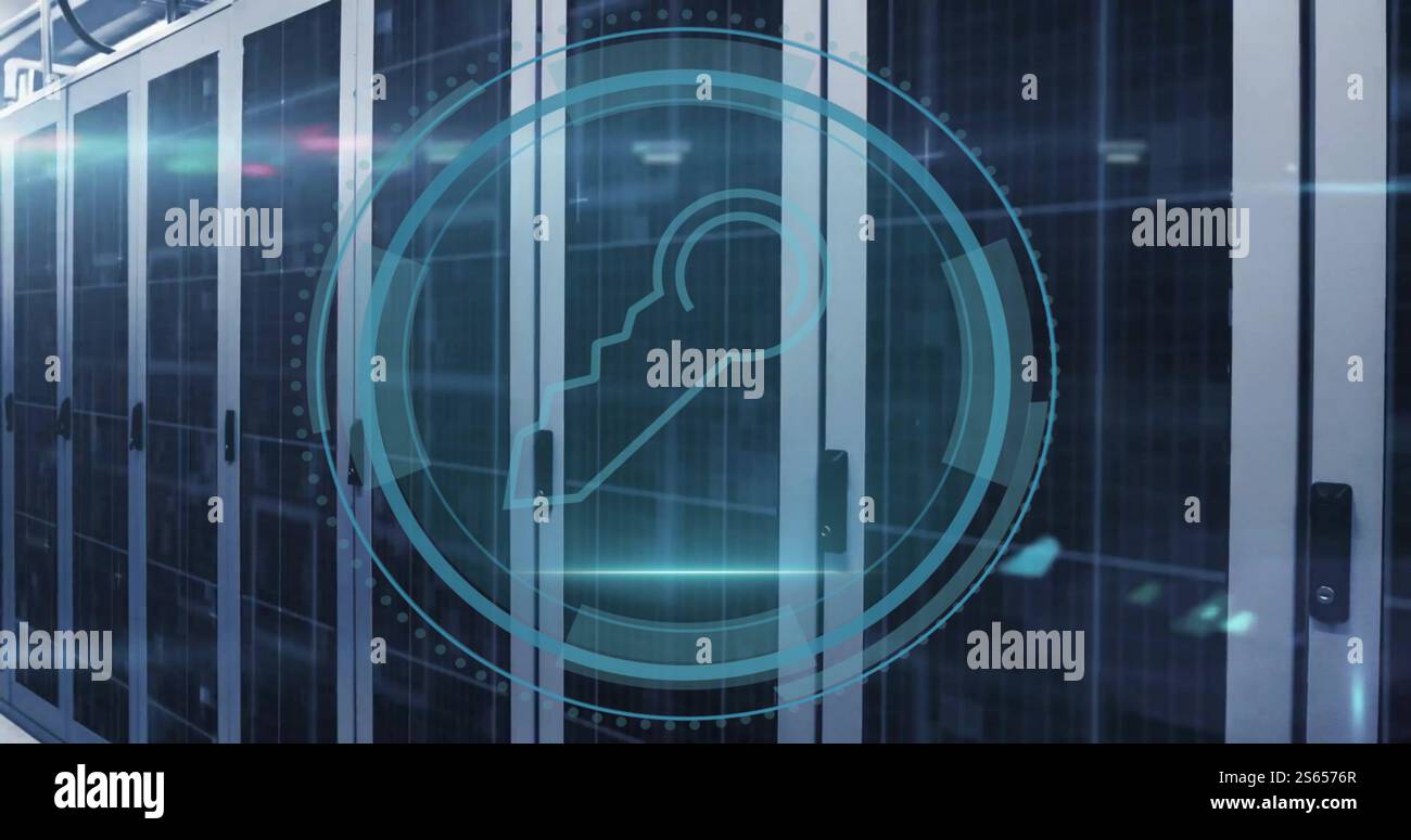 Image of cyber security text and scanner with key icon processing over server room Stock Photo ...
