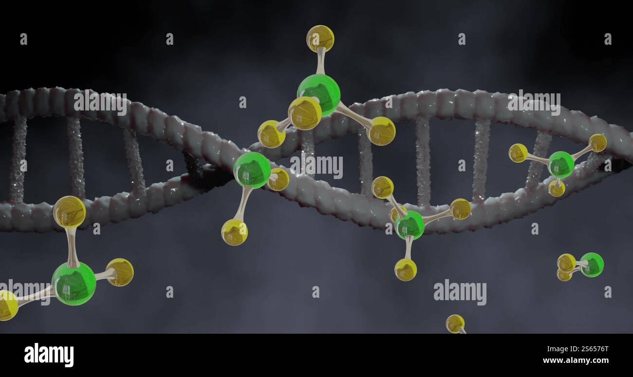 Image of floating molecules over dna strand Stock Photo - Alamy