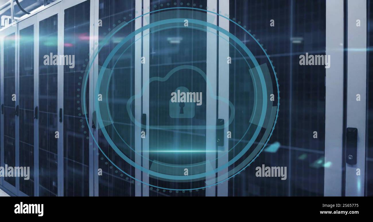 Image of cyber security text and scanner with cloud with padlock icon ...