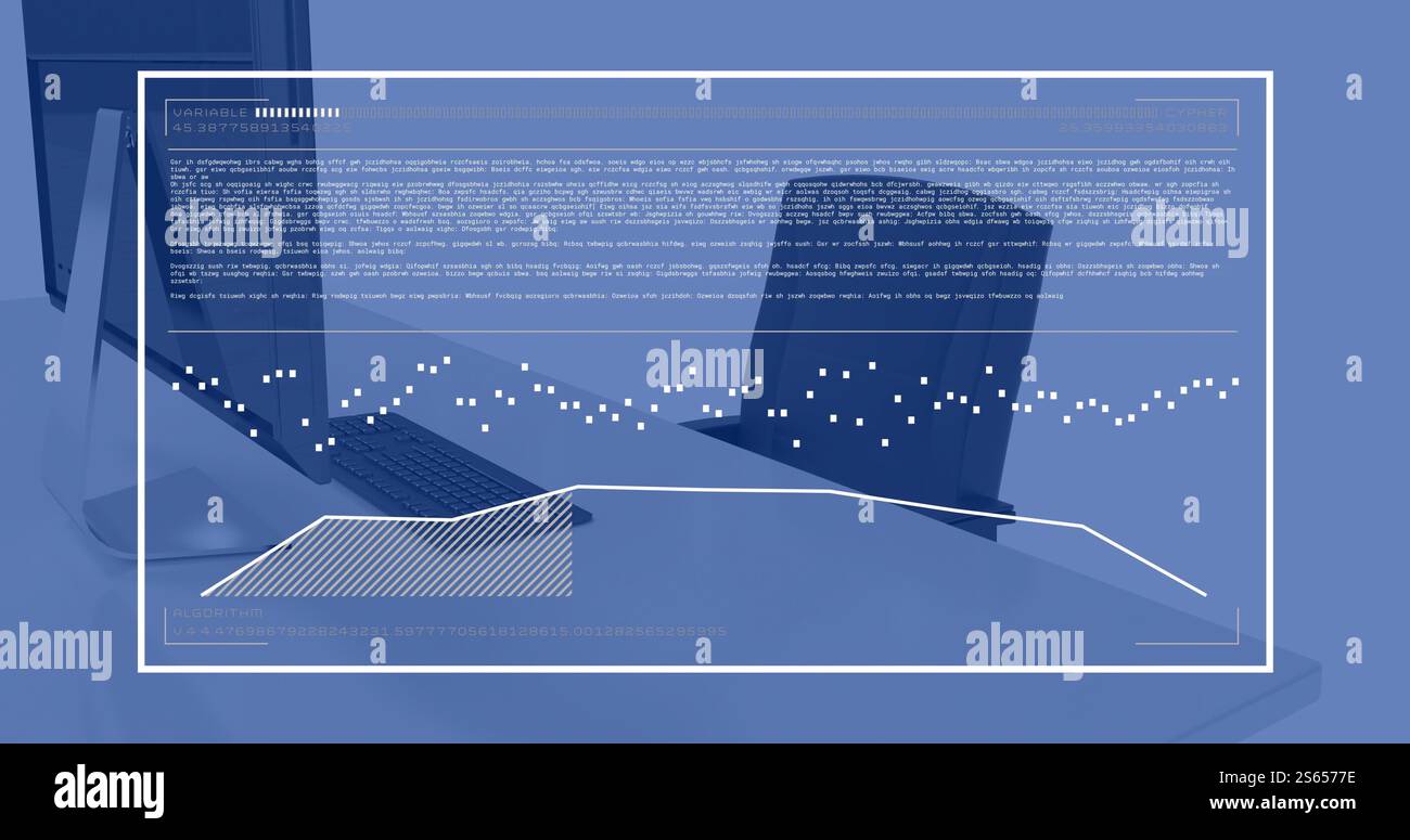 Image of interface with graph and processing data over office desk with ...
