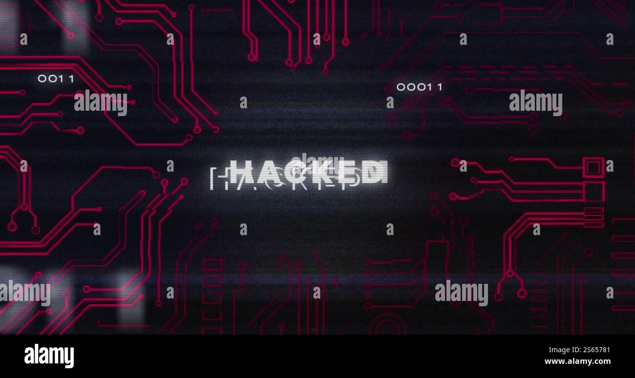 Hacked text image over circuit board design with binary code Stock Photo - Alamy