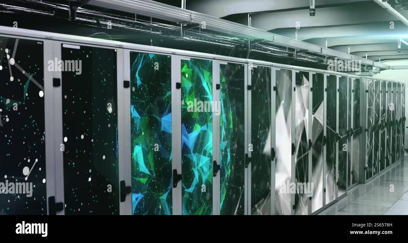 Image of cyber security text, circular scanner with padlock icon and network over server room ...