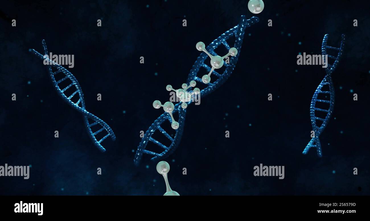 Image of floating molecules over dna strands on dark backgraund Stock ...